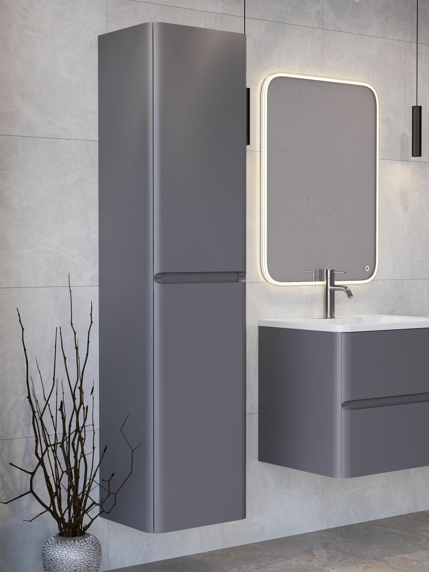 Шкаф пенал для ванной с полками подвесной VITA Графит, универсальное открывание, аквакрафт