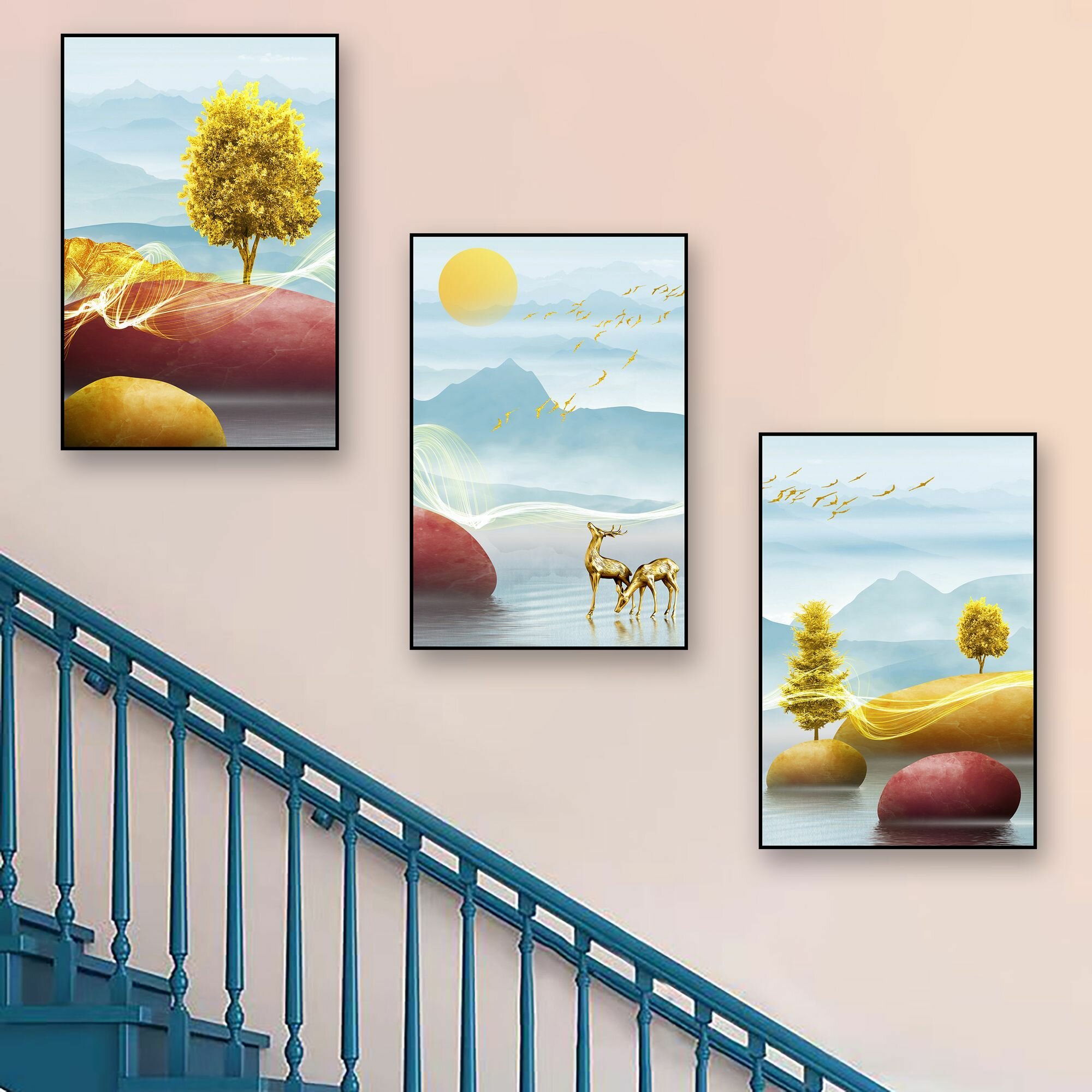Декоративная живопись для лестницы SG, триптих, настенное искусство, ресторанная настенная живопись, высококачественная квадратная живопись в китайском стиле, триптих для детской комнаты, картина в рамке