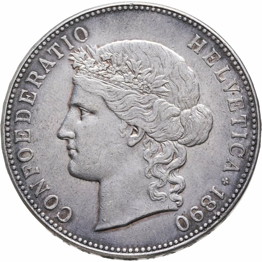 Швейцария 5 франков 1890, Серебро 900, в сохранности XF