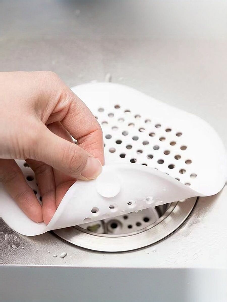 Силиконовая сетка-решетка для слива раковины, ванной и душевой на присосках 14см х 14см, белый; Фильтр улавливатель волос и отходов на кухне и в душе.