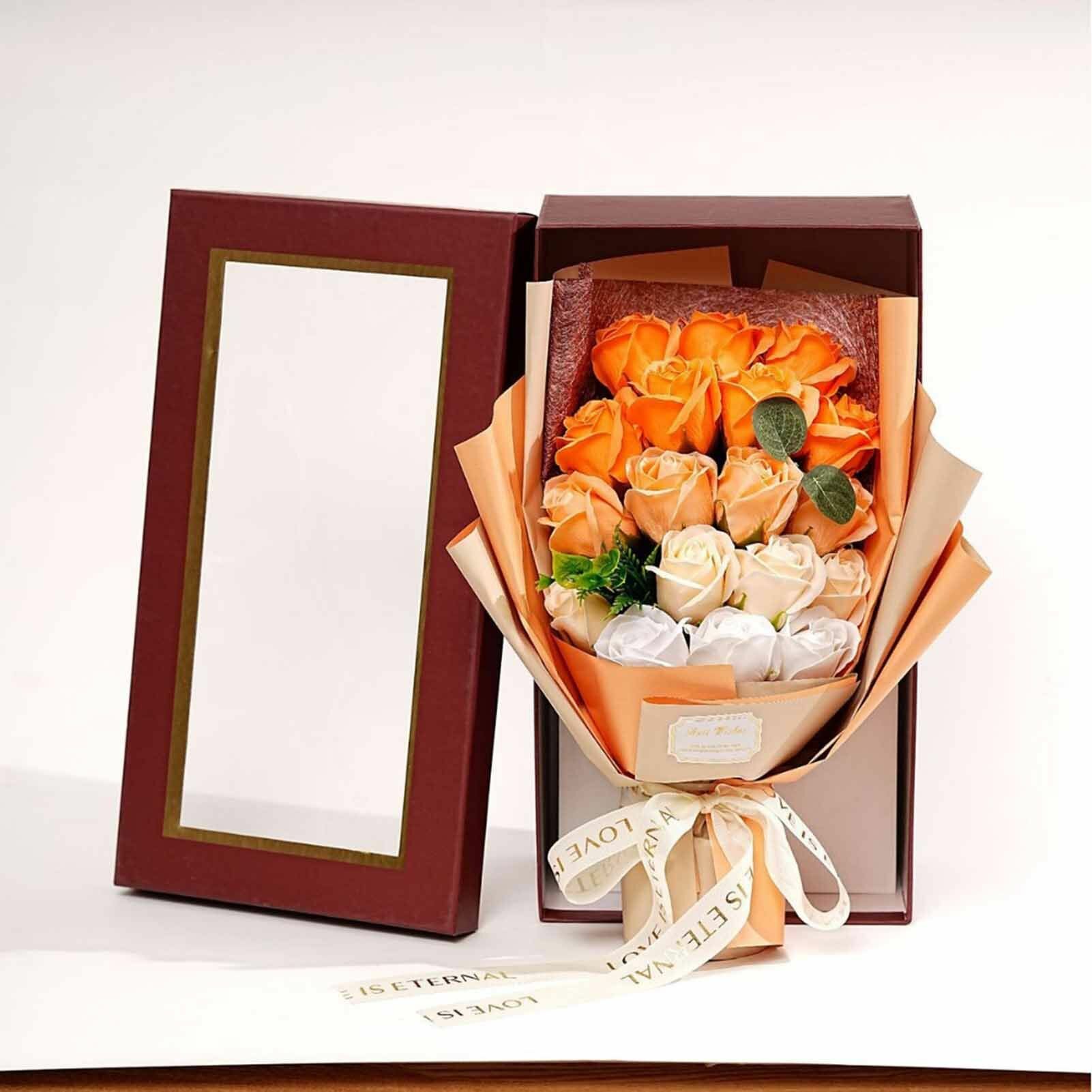 Мыльный букет с градиентом оранжевых роз, 18 цветов, подарок на День святого Валентина, коробка с окошком для кофе