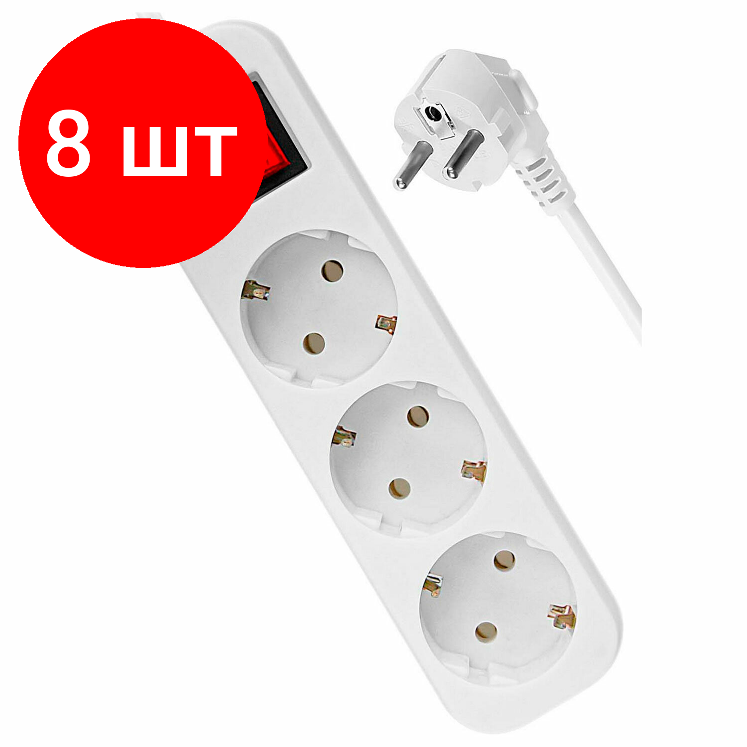 Комплект 8 шт, Удлинитель сетевой DEFENDER S350, 3 розетки, c заземлением, выключатель, 10А, длина 5 м, бел, 99235