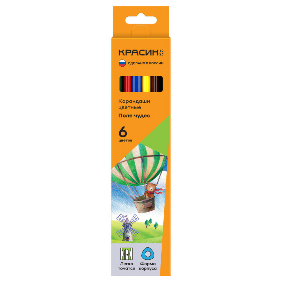 Карандаши цветные Красин "Поле чудес", 06цв, трехгр, заточен, картон, европодвес, 360034