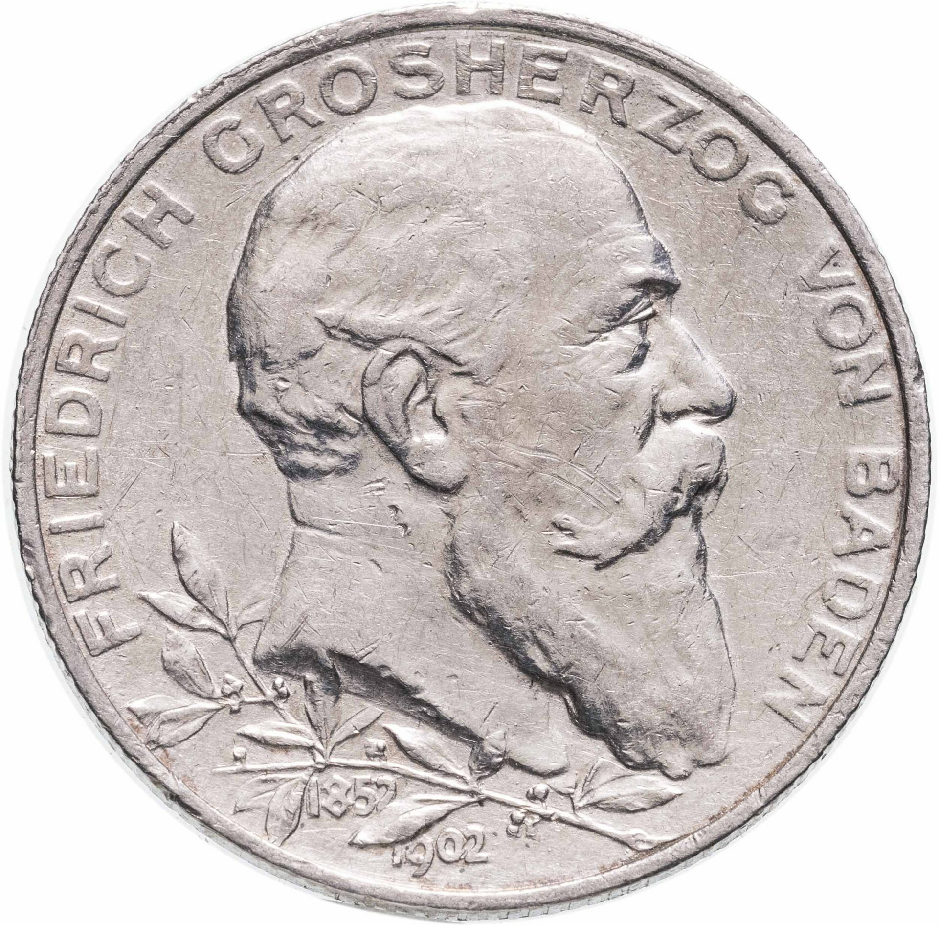 Германская Империя, Баден 2 марки 1902 "50-летие правления Фридриха I", Серебро 900, в сохранности XF