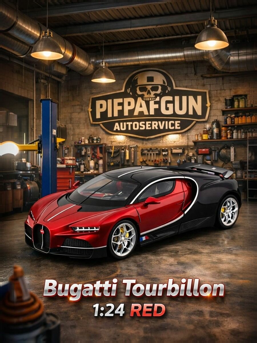 Машинка металлическая Bugatti Tourbillon 1:24 красная, инерционная, свет и звук, открываются двери, 3+