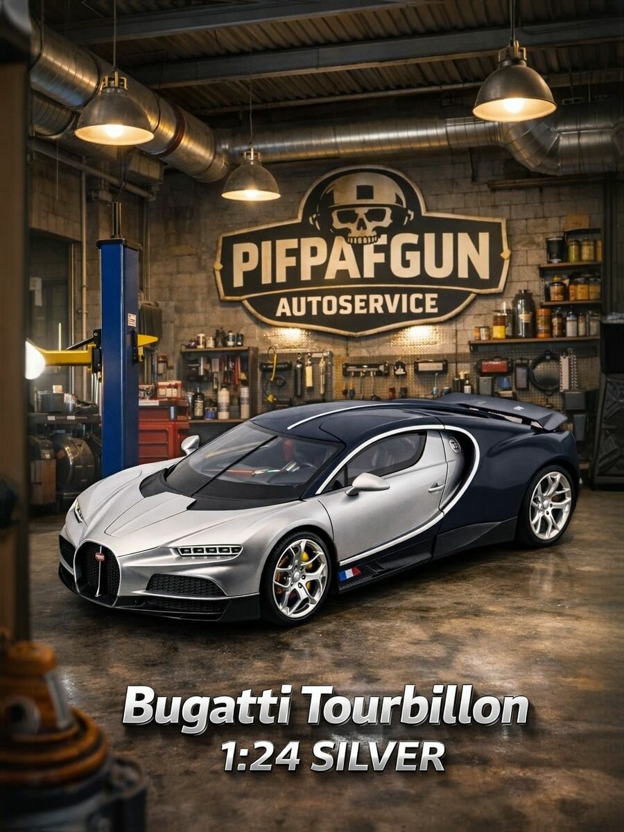 Машинка металлическая Bugatti Tourbillon 1:24 серебристая, инерционная, свет и звук, двери открываются, 3+