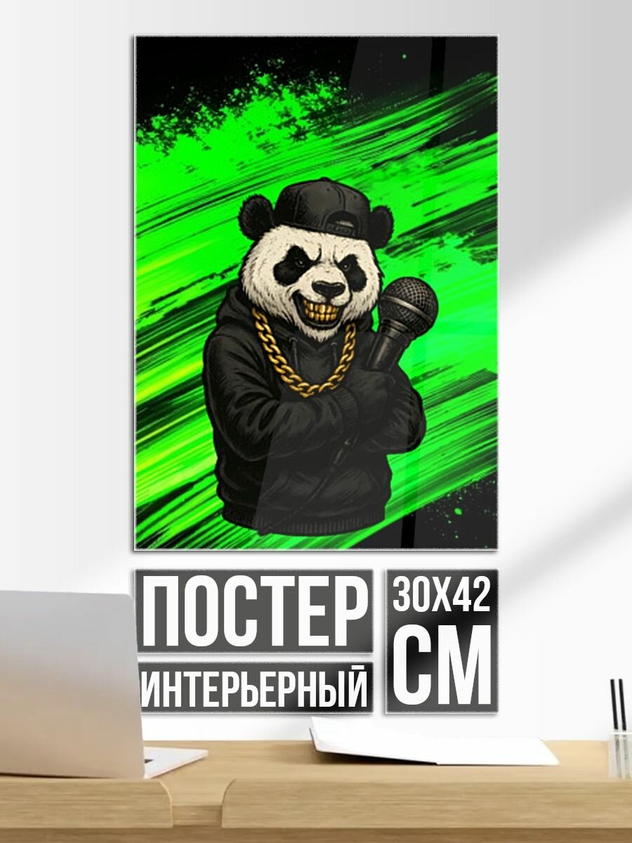 Постер на стену Панда рэпер с микрофоном
