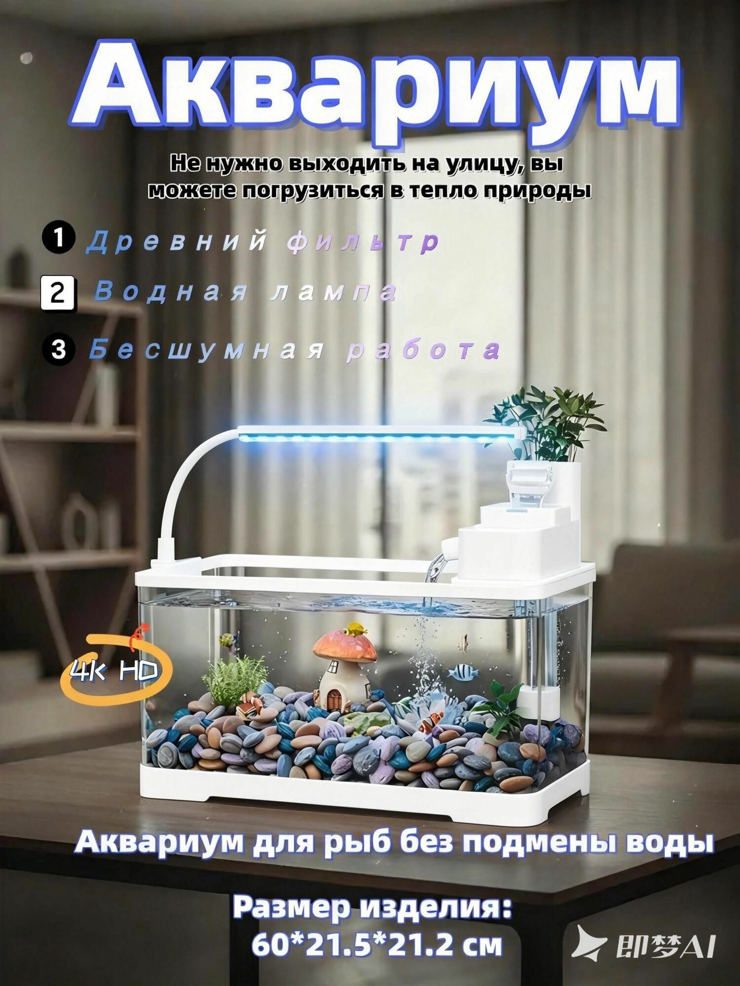 Настольный мини-аквариум с фильтром и LED подсветкой, бесшумный, для дома и офиса, 61.5х22.5х25.2 см