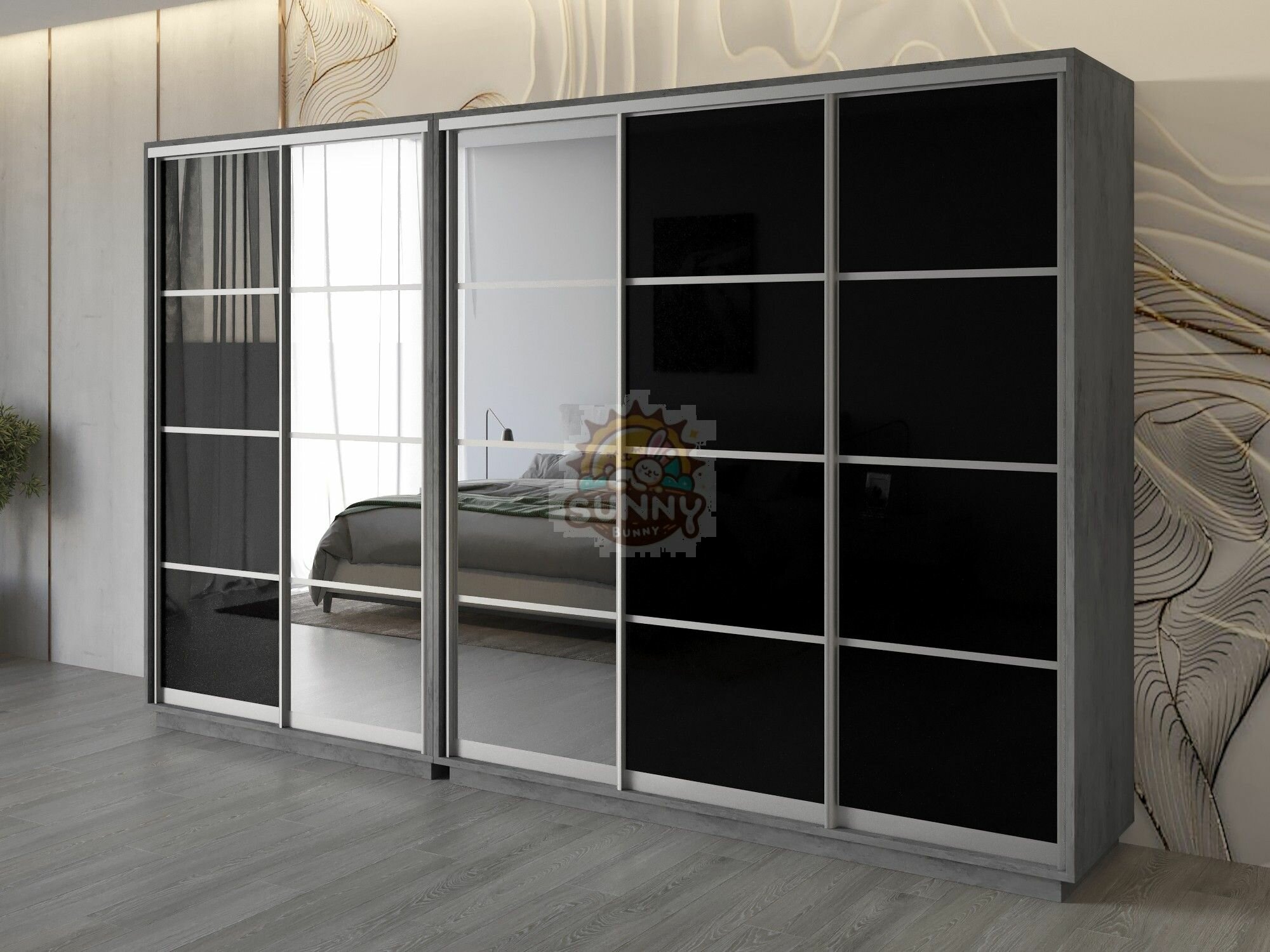 Шкаф-купе Флорида 5дв. (2+3) Стекло черное 3/Зеркало 2, профиль серебро, 300х60х220 см. Бетон