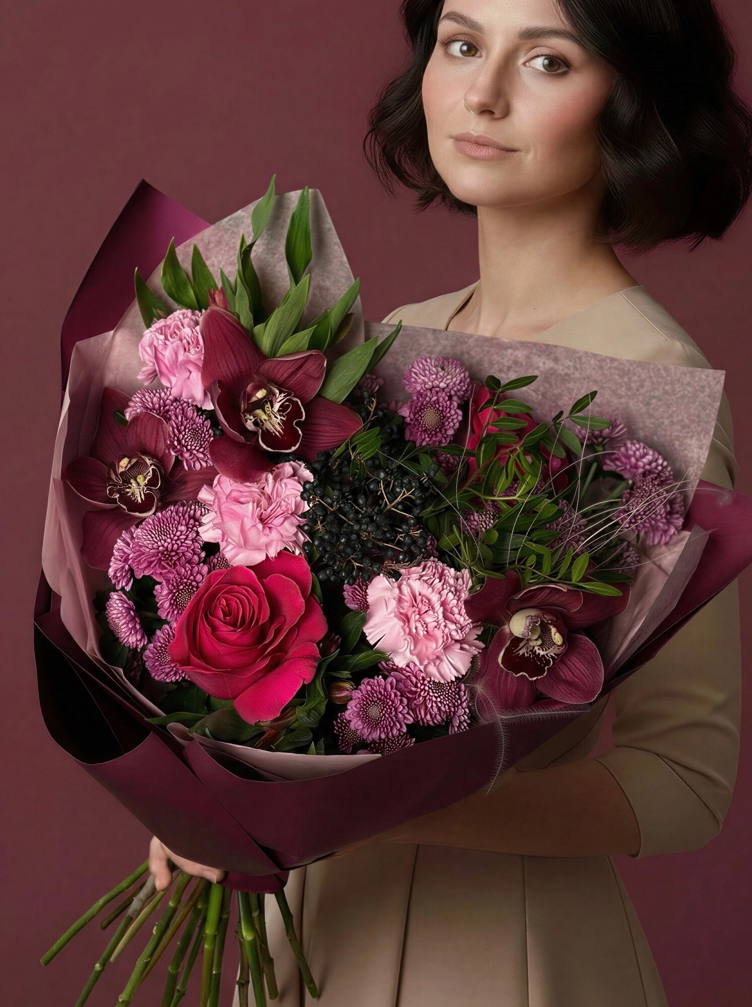 Букет Бутон "Красное вино", орхидеи, розы, сантини, живой, диаметр 30 см