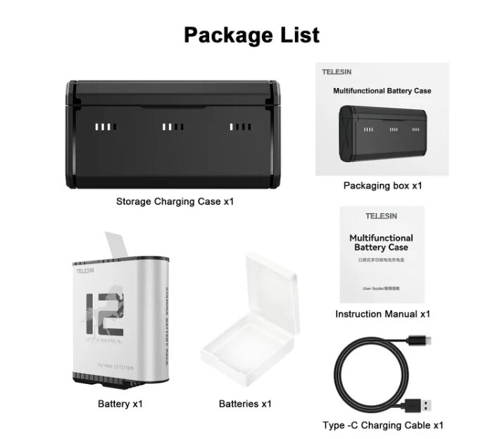 TELESIN Батарея Endurance для GoPro Hero 12 11 10 9 1750 мАч 1 C and 1 B