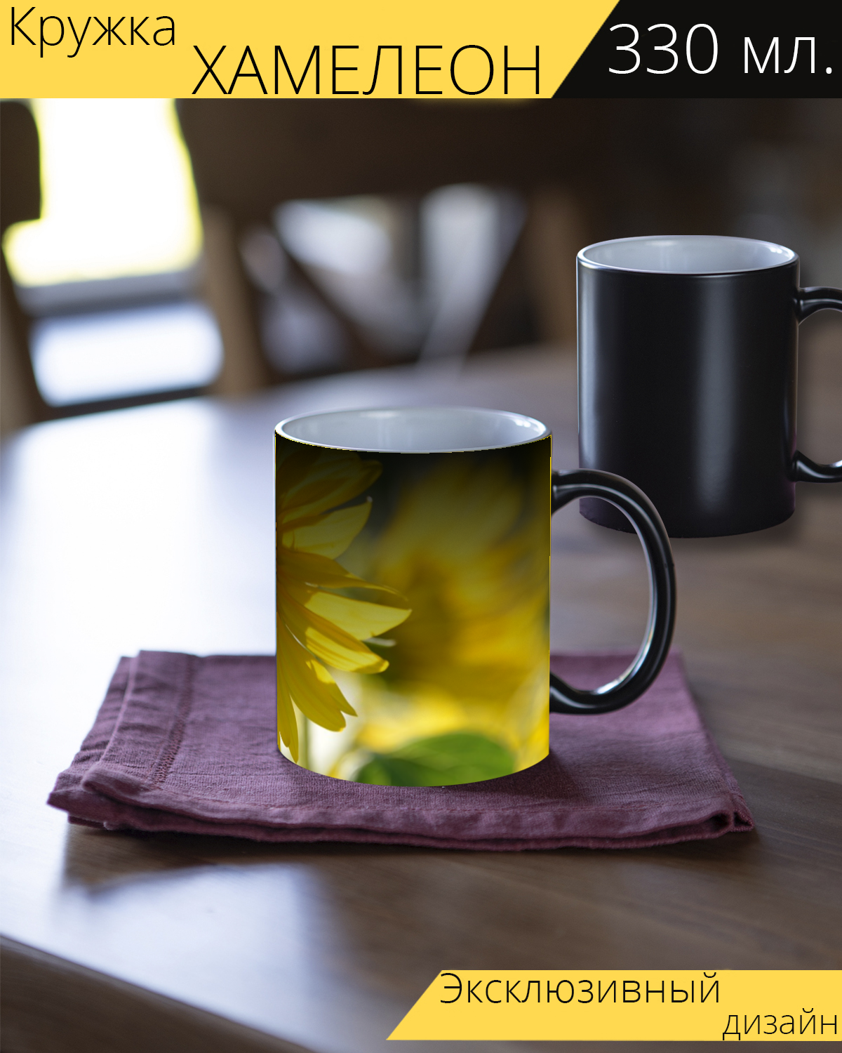 Кружка хамелеон с принтом "Подсолнух, цветок, летом" 330 мл.