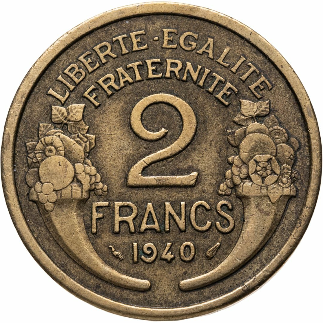Франция 2 франка francs 1940, Бронза, в сохранности VF