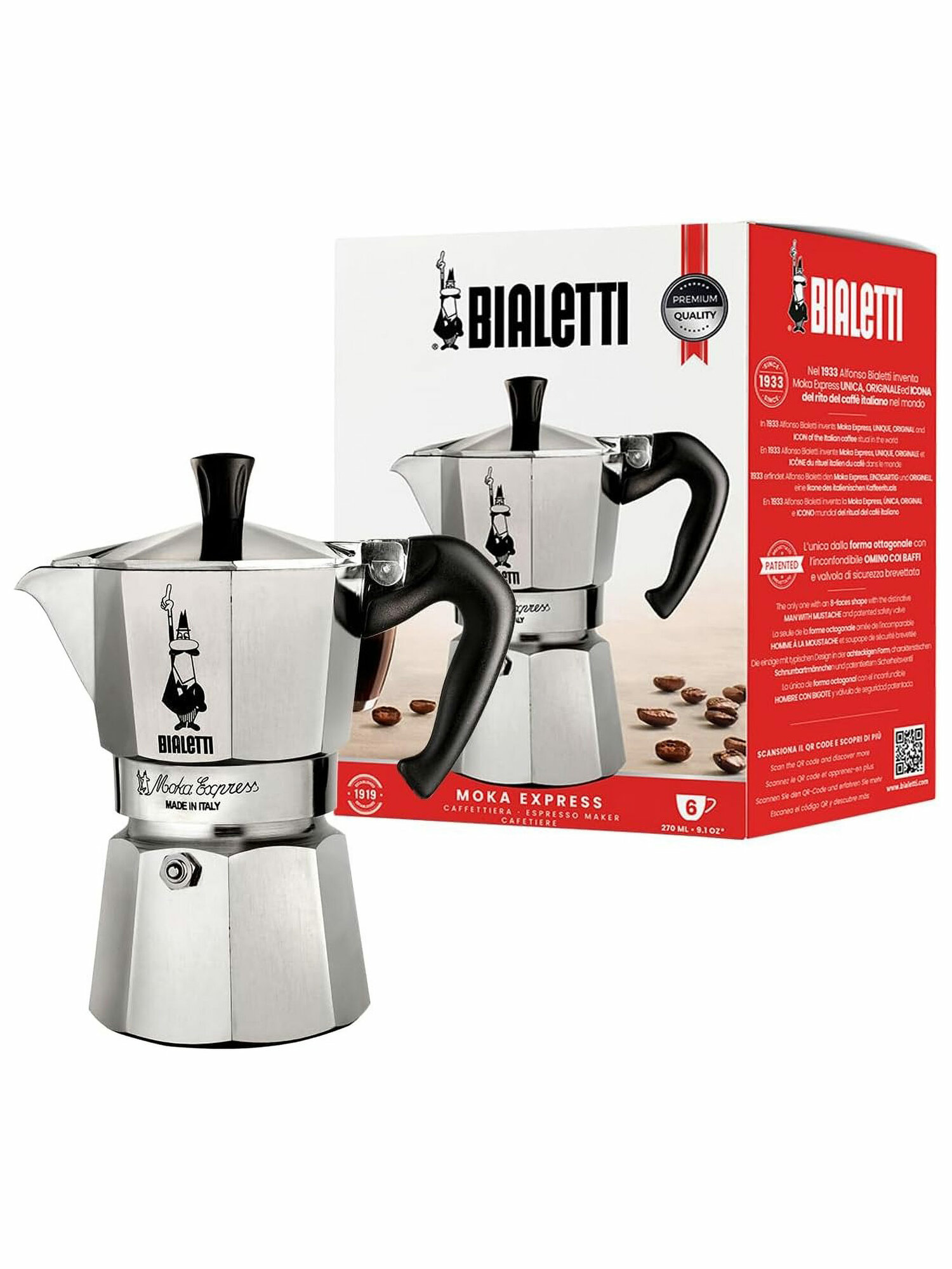 Гейзерная кофеварка Bialetti Moka Express металлик, на 6 чашек, 270 мл