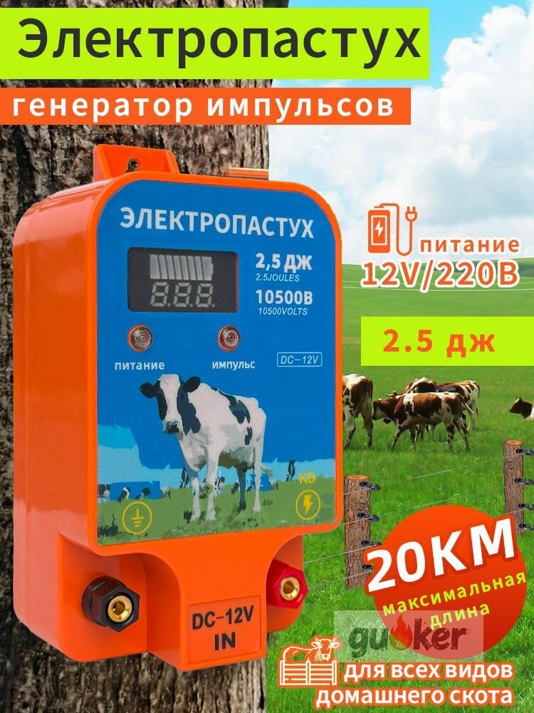 Электропастух 12V/220V. Генератор импульсов 2.5Дж свиней, овец, куриц, лошадей / импульс