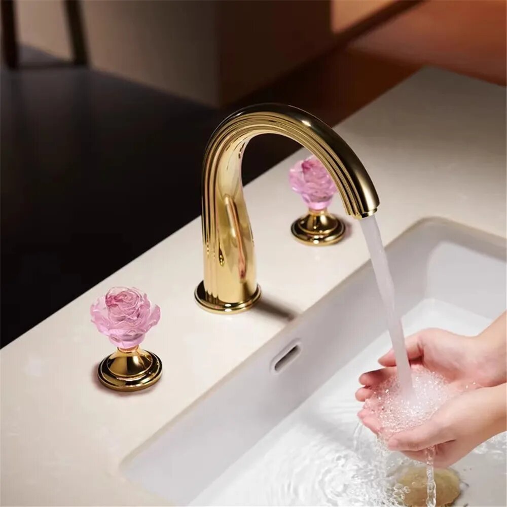 Creative Rose Раковина для ванной комнаты widespread Золотая раковина кран Lavotory Tap роскошный Бассейн Миксер Горячая и холодная душевая комната раковина Кран-желтый