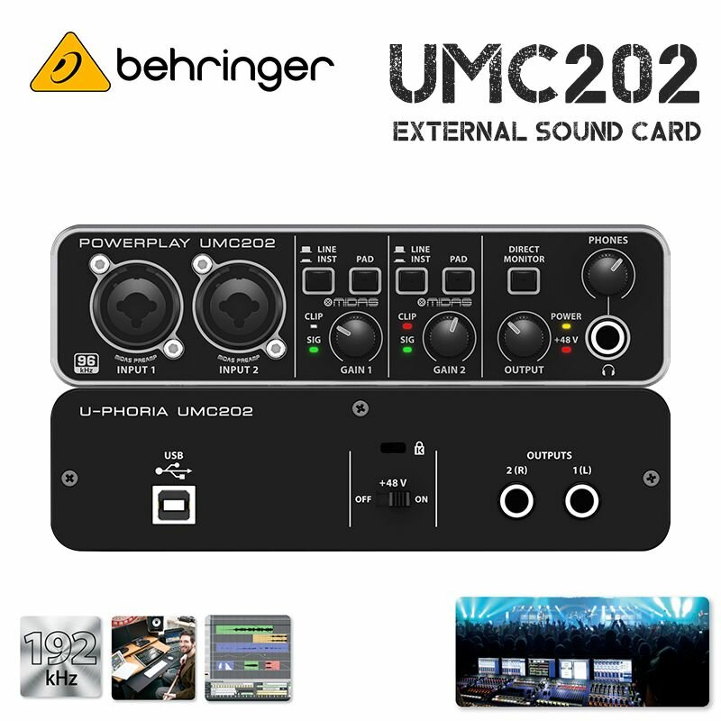 Behringer U-PHORIA UMC202 USB-аудиоинтерфейс 2х2 с предусилителями MIDAS, +48В, 192 кГц для домашней студии, записи, стриминга, подкастов