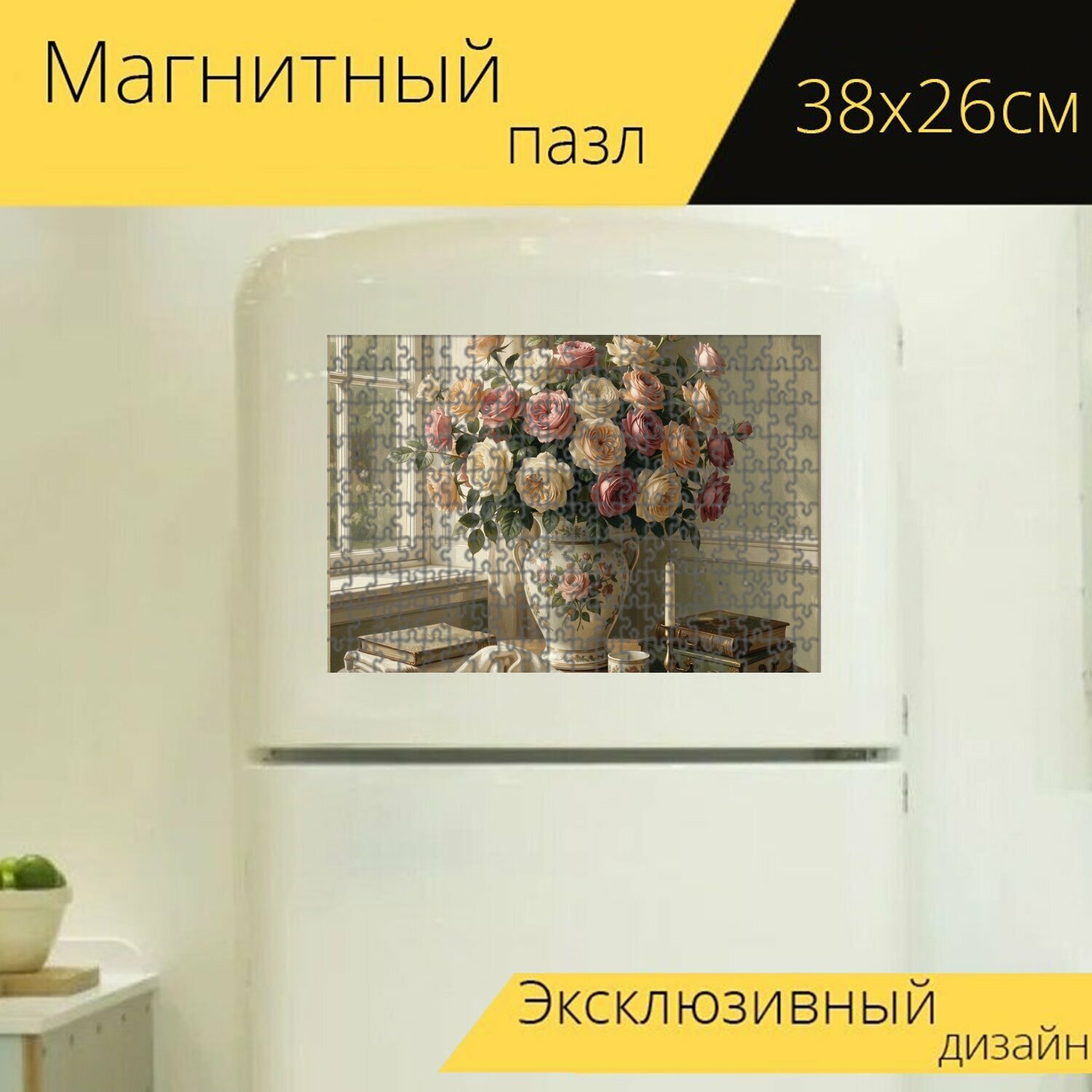 Магнитный пазл "Нежные розы в вазе. Пышный букет кремовых, пудровых и чайных цветов в расписном фарфоровом сосуде у окна. Винтажный интерьер с книгами." для интерьера, 38х26 см.