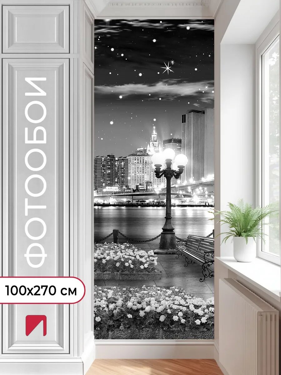 Фотообои на стену флизелиновые город Первое ателье "Вид на современный ночной город с набережной и фонарями, черно-белые" 100х270 см (ШхВ), моющиеся