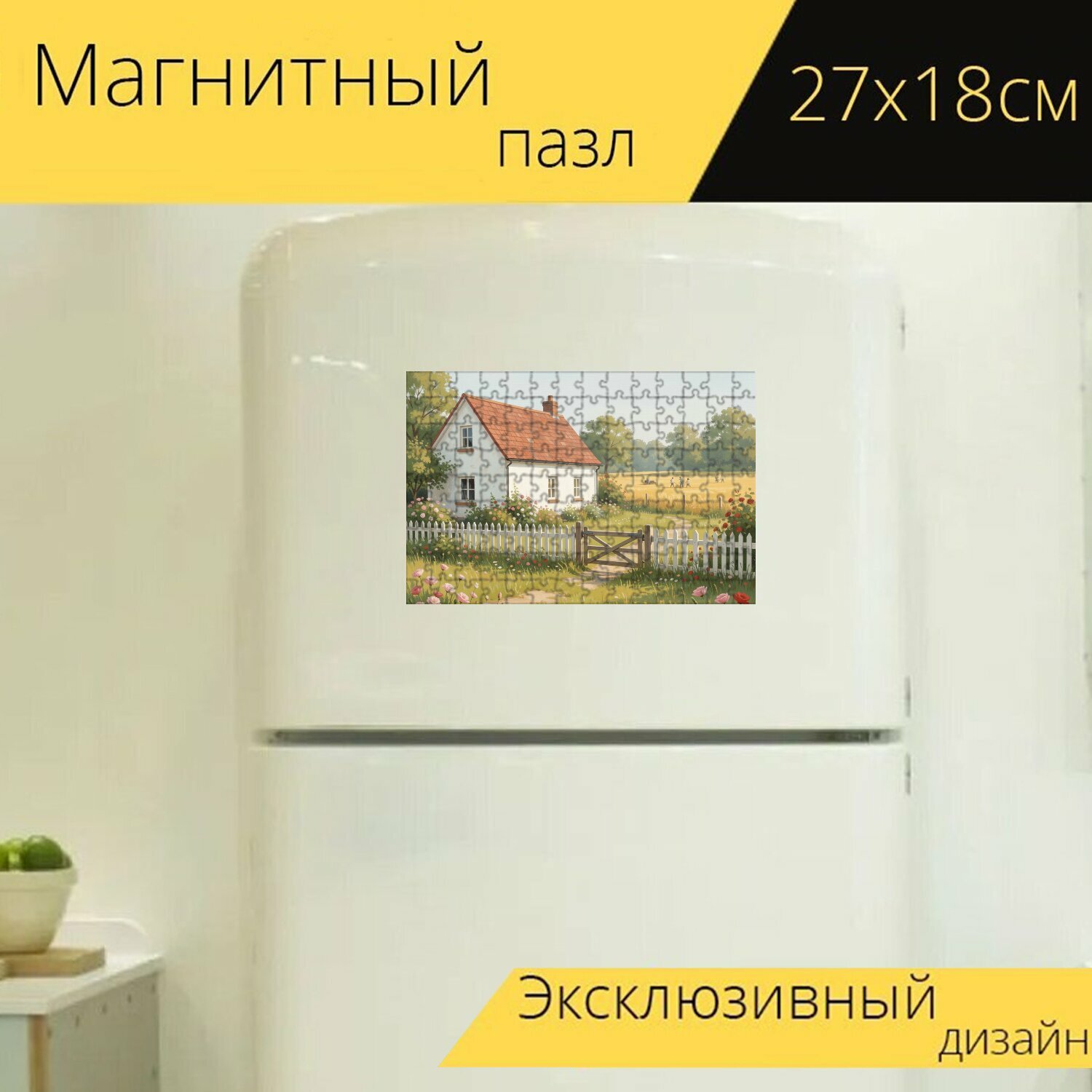 Магнитный пазл "Уютный деревенский дом с садом. Сельский летний пейзаж в пастельной живописной манере: белый коттедж, цветущий палисадник, белый забор." на холодильник 27 x 18 см.