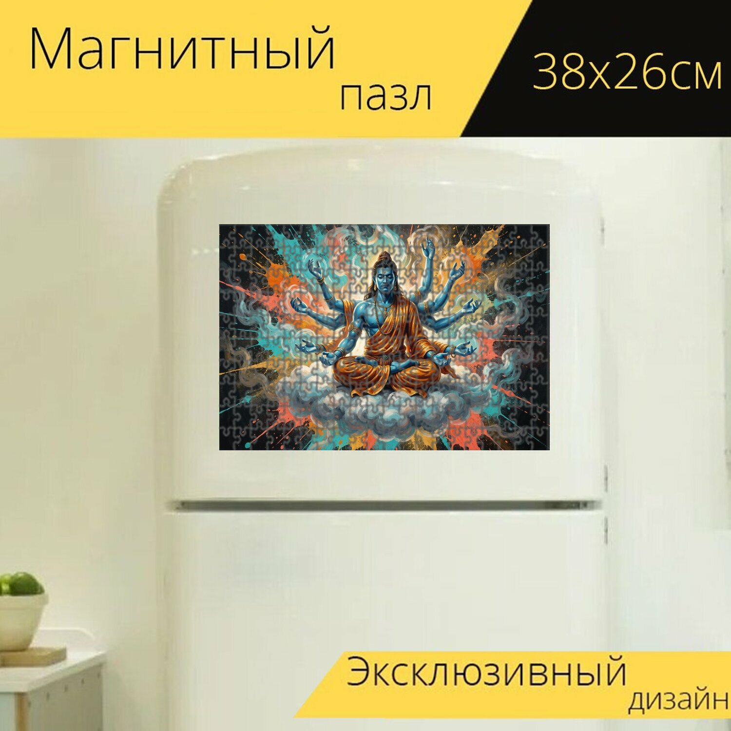 Магнитный пазл "Шива в медитации на облаке. Синий многорукий индуистский бог в позе лотоса среди дыма и энергетических всплесков. Цифровая живопись." для интерьера, 38х26 см.