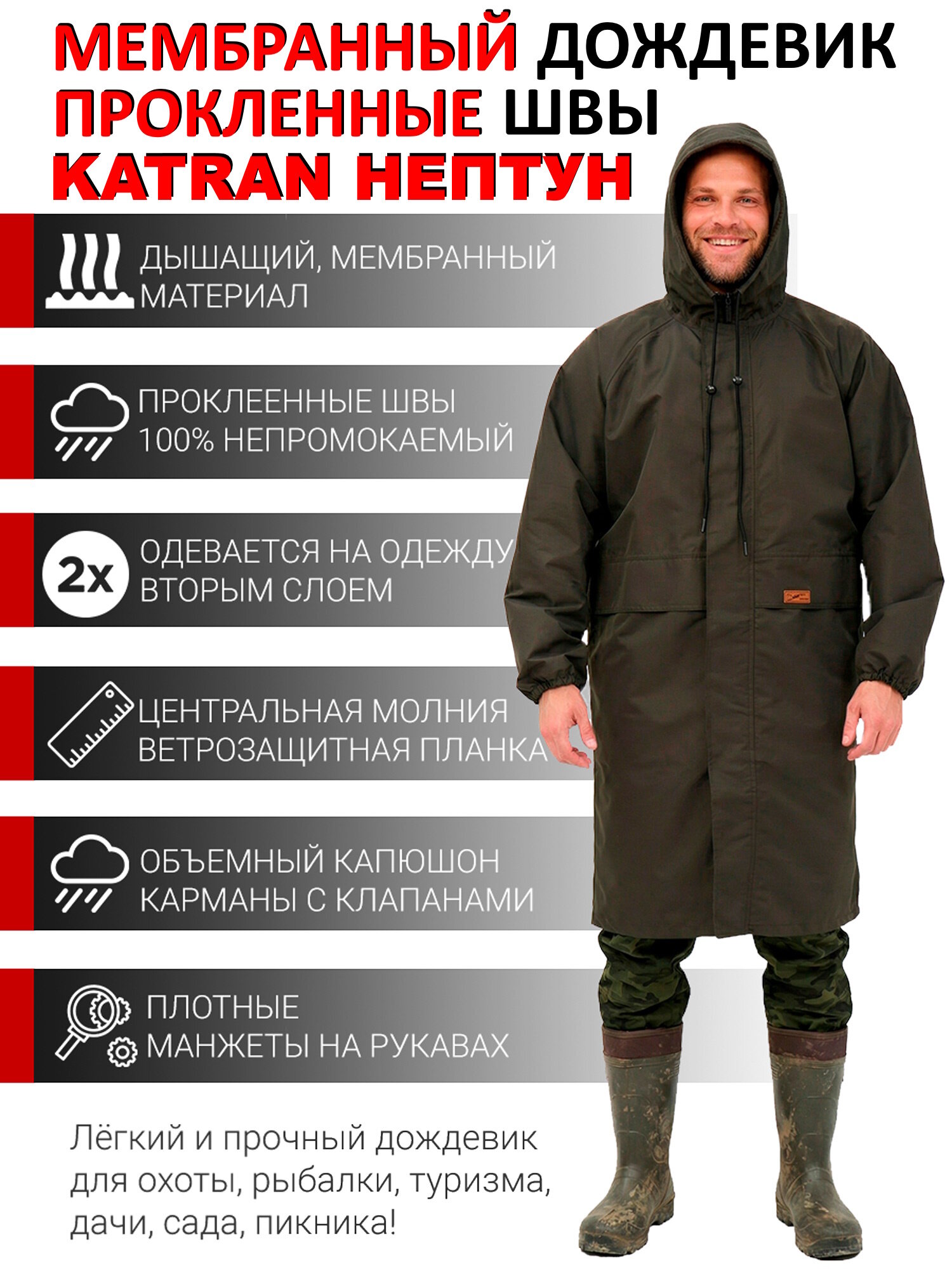 Плащ дождевик KATRAN нептун (мембранная ткань, хаки), Размер: 56-58