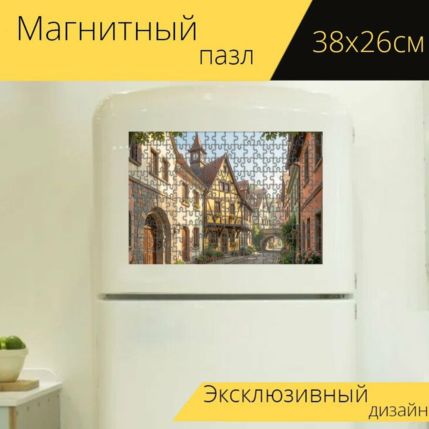 Магнитный пазл "Уютная европейская улочка с часовой башней. Старинный городок с фахверковыми домами, мощеной дорогой, каменной аркой и цветами в горшках." для интерьера, 38х26 см.