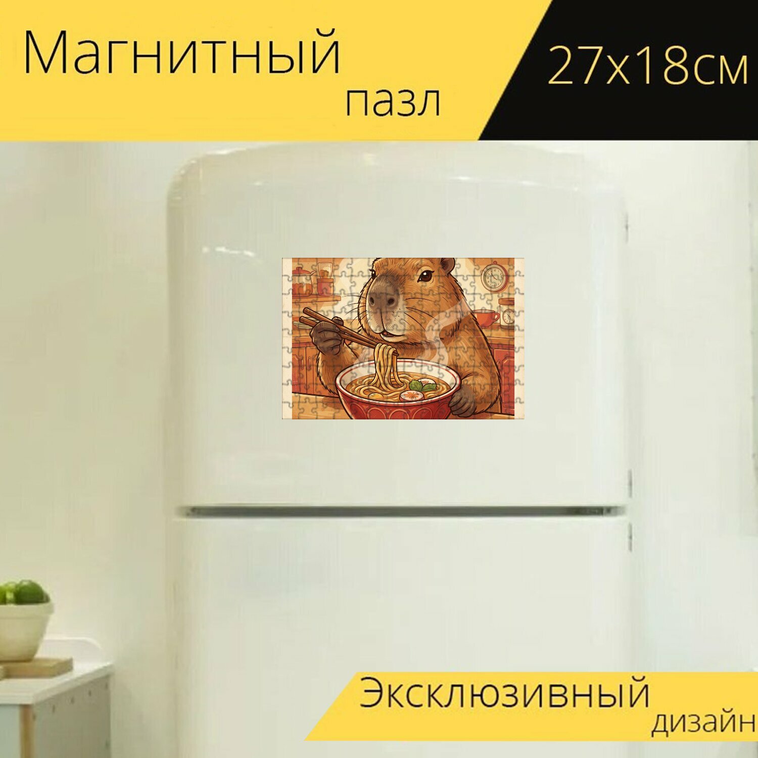 Магнитный пазл "Капибара с миской рамена. Милая зверушка на уютной кухне ест лапшу палочками из горячего супа. Винтажная иллюстрация в теплых бежевых." на холодильник 27 x 18 см.