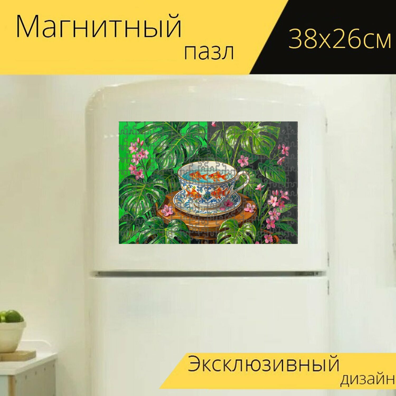 Магнитный пазл "Чайная чашка с золотыми рыбками. Яркая тропическая иллюстрация: фарфоровое блюдце, аквариумный мотив, оранжевые карпы, листья монстеры." для интерьера, 38х26 см.