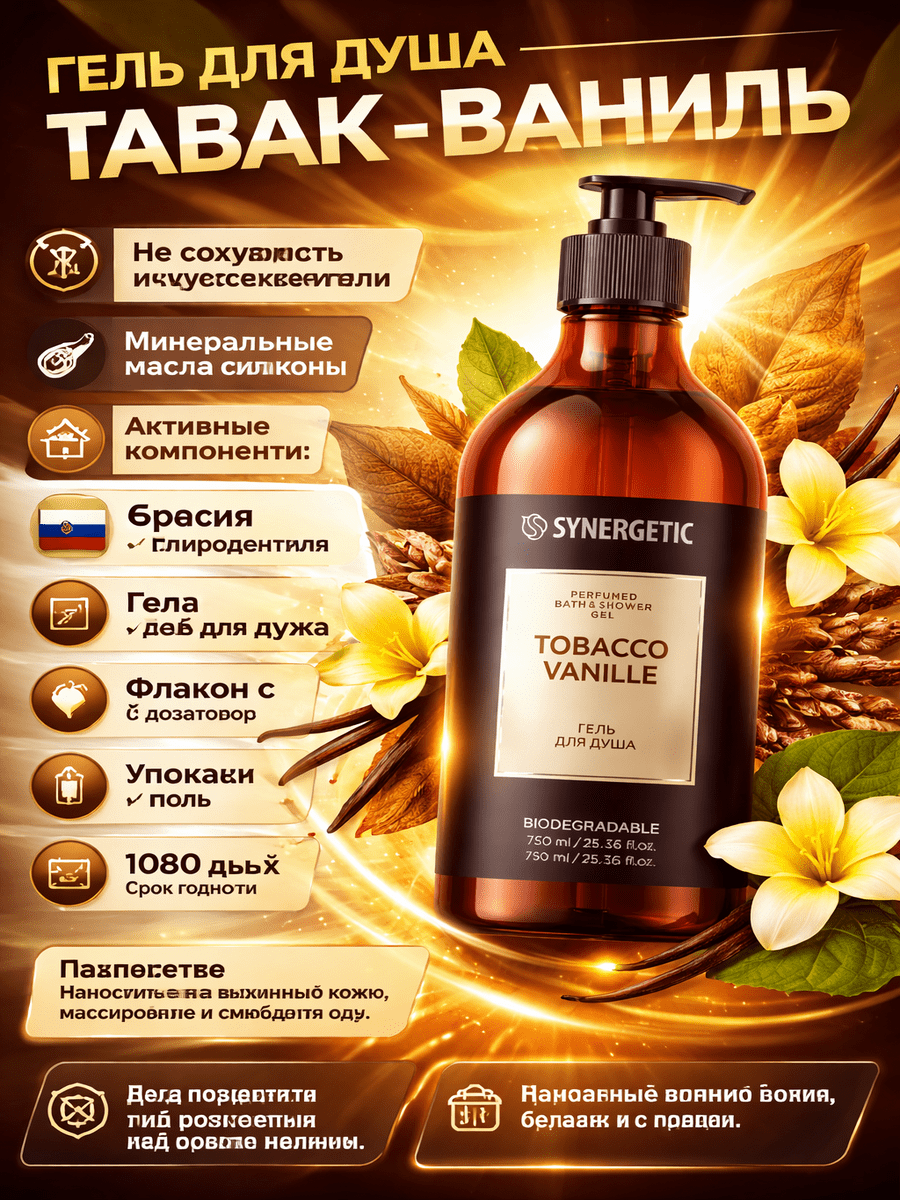 Гель для душа Synergetic табак-ваниль, 750мл
