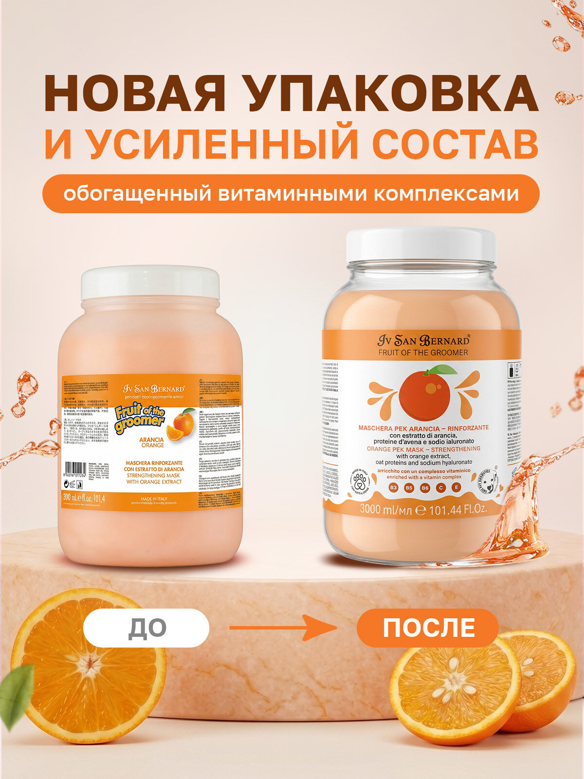 Маска для собак и кошек Iv San Bernard Fruit of the Groomer Orange, восстанавливающая для слабой выпадающей шерсти с силиконом 3 л