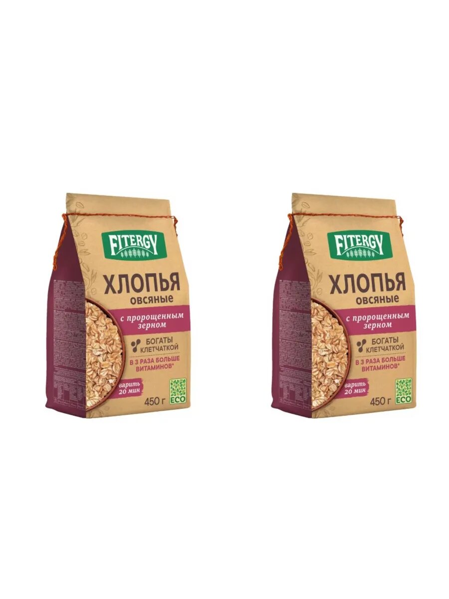 Fitergy Хлопья овсяные цельнозерновые с пророщ. зерном, 450 г, 2 уп.
