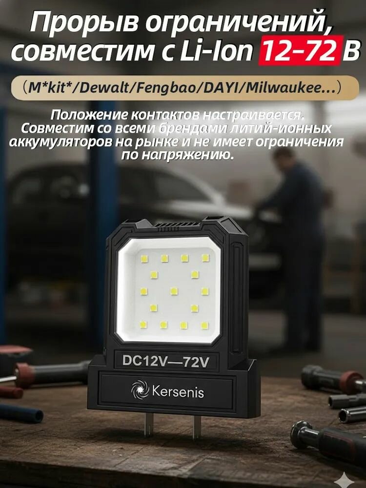 Универсальная светодиодный рабочий фонарь 12-80V. совместим с аккумуляторами типа M*kita/Dewalt/Fengbao/DAYI, длительное использование на стройплощадках (без аккумулятора)