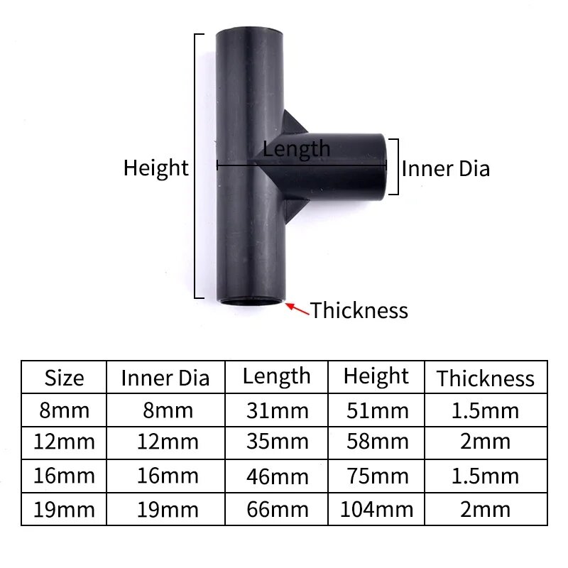 Набор пластиковых соединителей для труб 8/12/16/19 мм 90 Degree Tee, Black I.D 16mm