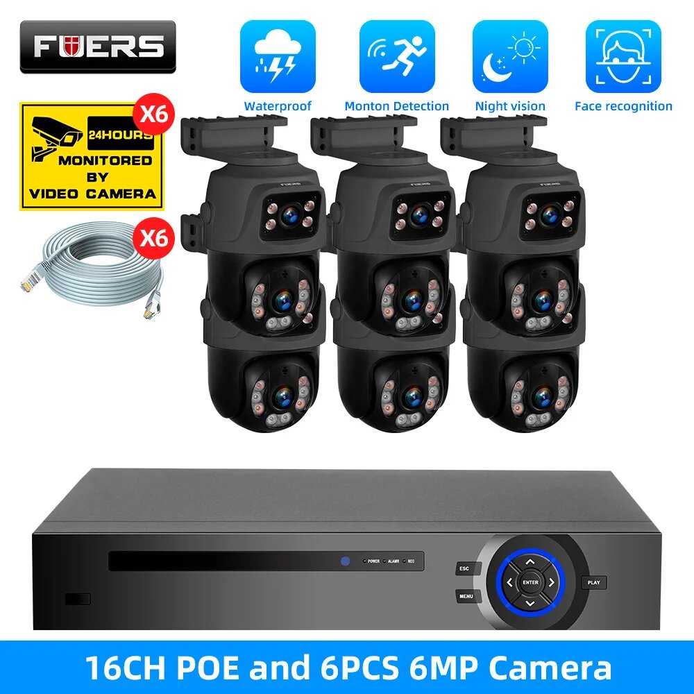 Система видеонаблюдения FUERS 16CH Poe 6MP Комплект видеонаблюдения Камера безопасности Камера ПТЗ Наружная камера Двунаправленный аудио Полноцветная ночь