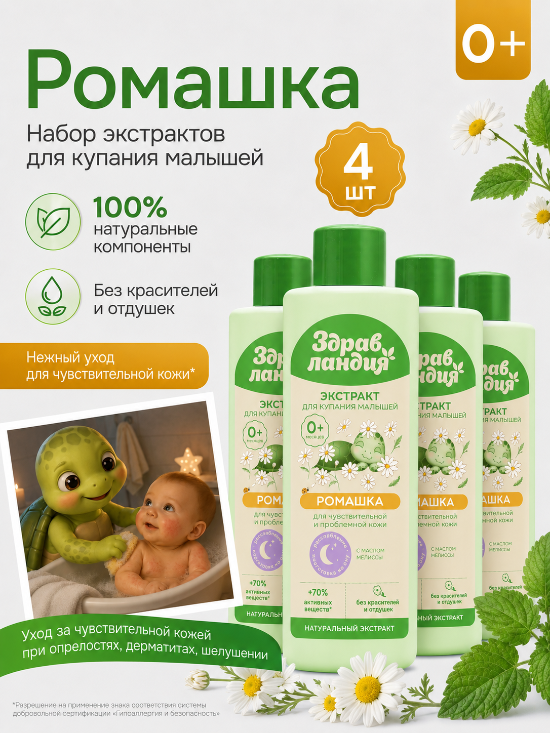 Набор для купания Страна Здравландия Ромашка, для малышей, гипоаллергенный, 4шт.