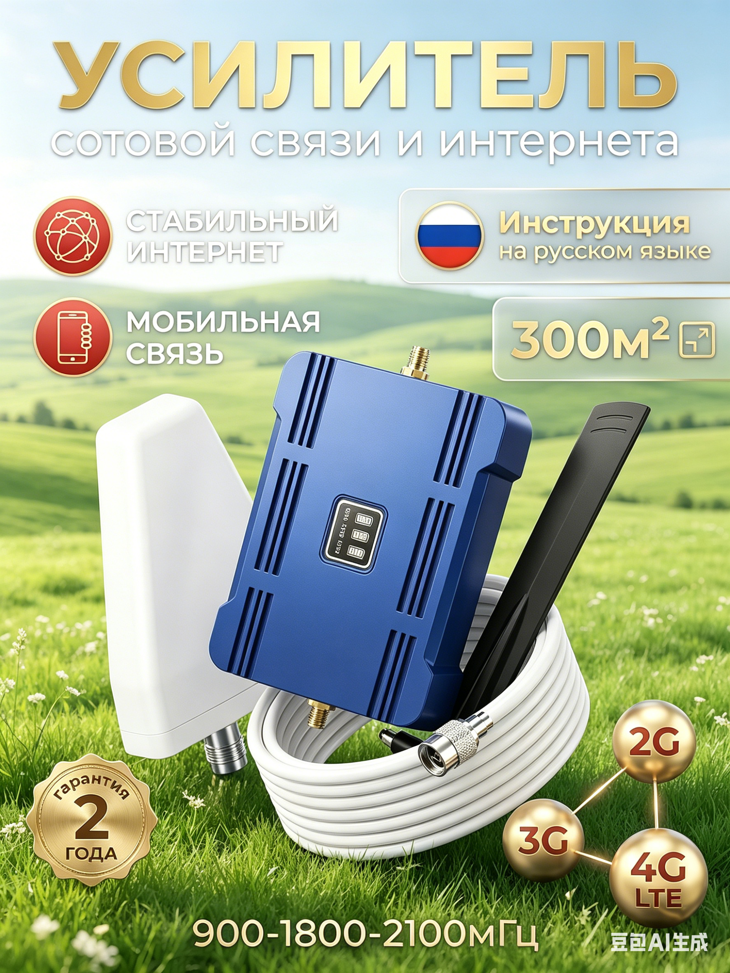 Усилитель сотовой связи 900/1800/2100 МГц (2G/3G/4G): до 70 км, направленный, синий, 1.3 кг