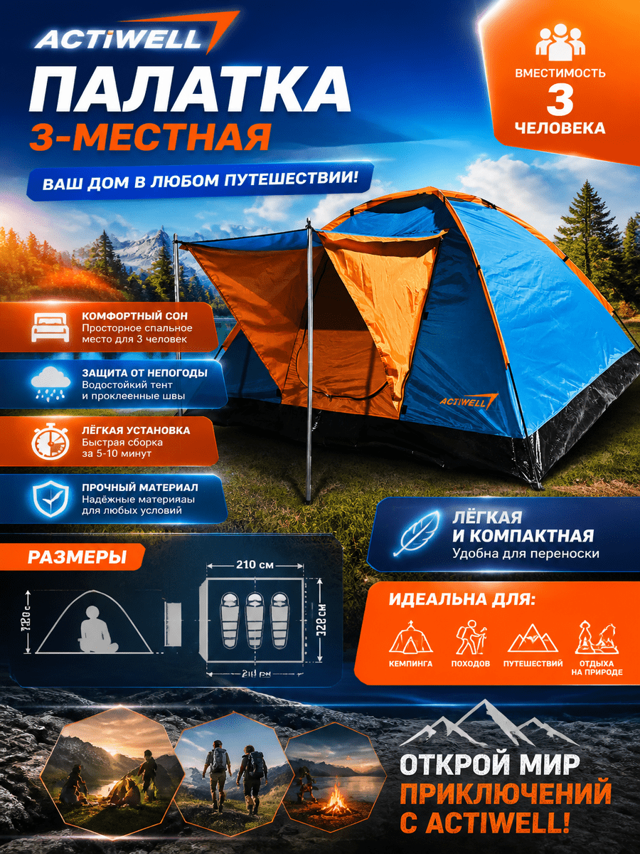 Палатка 3-местная ACTIWELL 210х210х120см, Арт. MU2013
