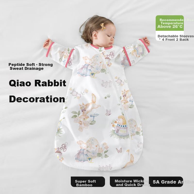 Beipeisi Children's Sleeping Bag Spring and Autumn Bamboo Cotton Gauze Baby Pajamas Integrated Baby Anti-Kick Sleeping Bag Front 4 Back 2 Qiao Rabbit L