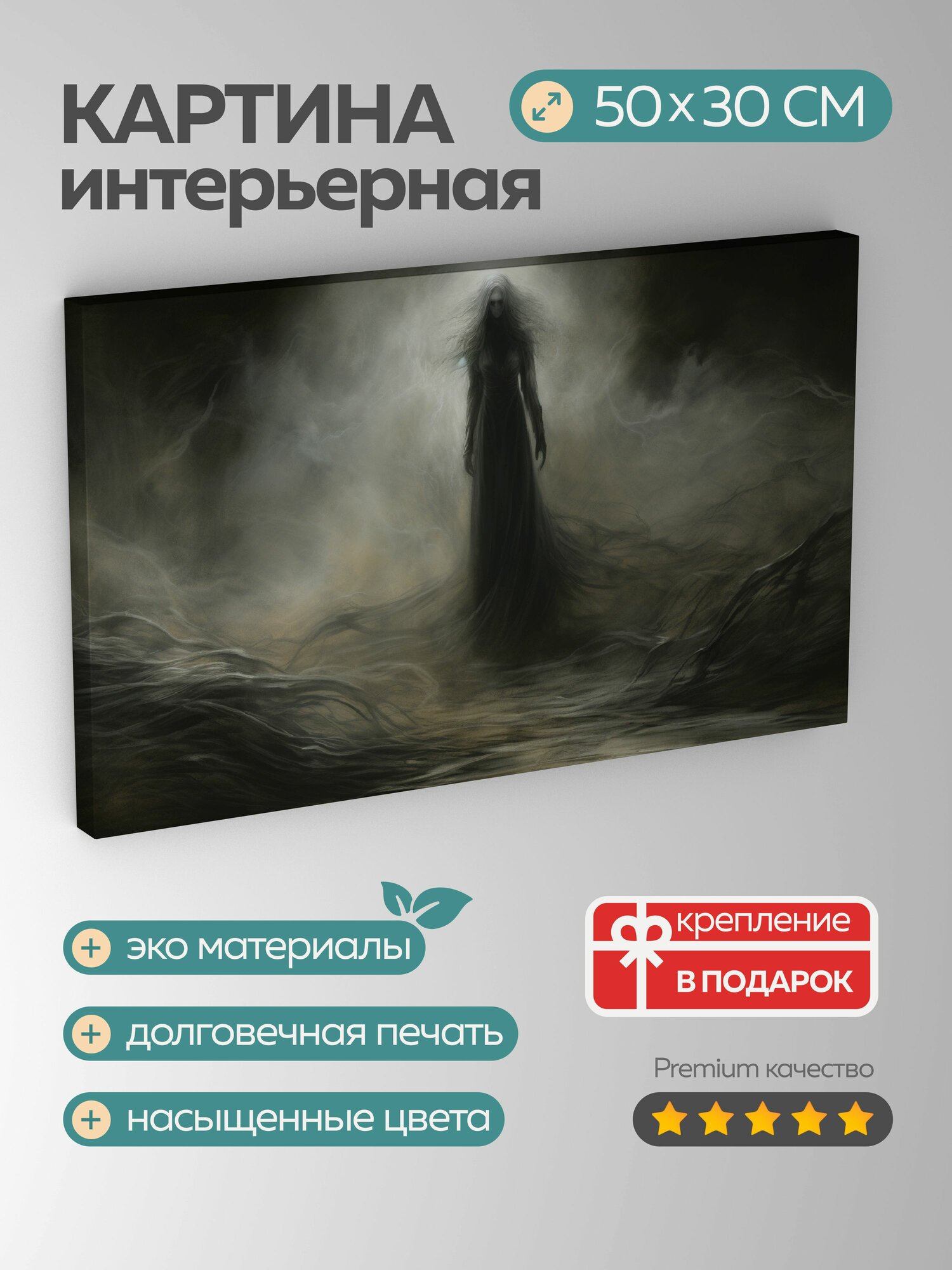 Картина на холсте интерьерная 50х30 см, меланхоличная фигура, туманная бездна, сгустки тьмы, вызывающий воспоминания