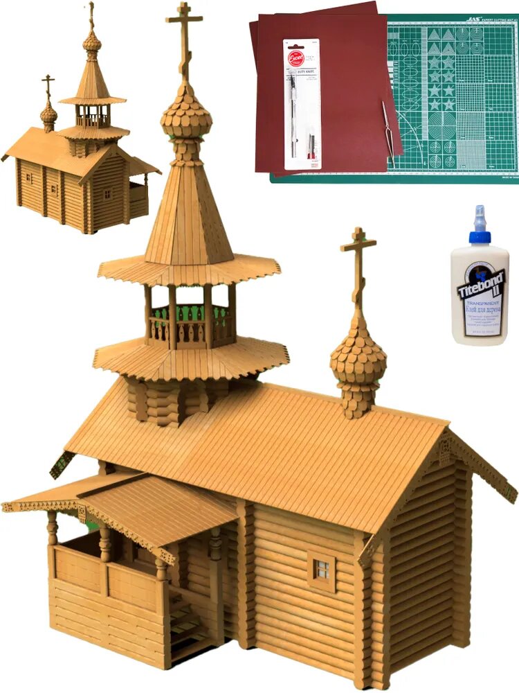 Сборная модель из дерева, Часовня, М.1:60, подарочный набор с инструментами и клеем