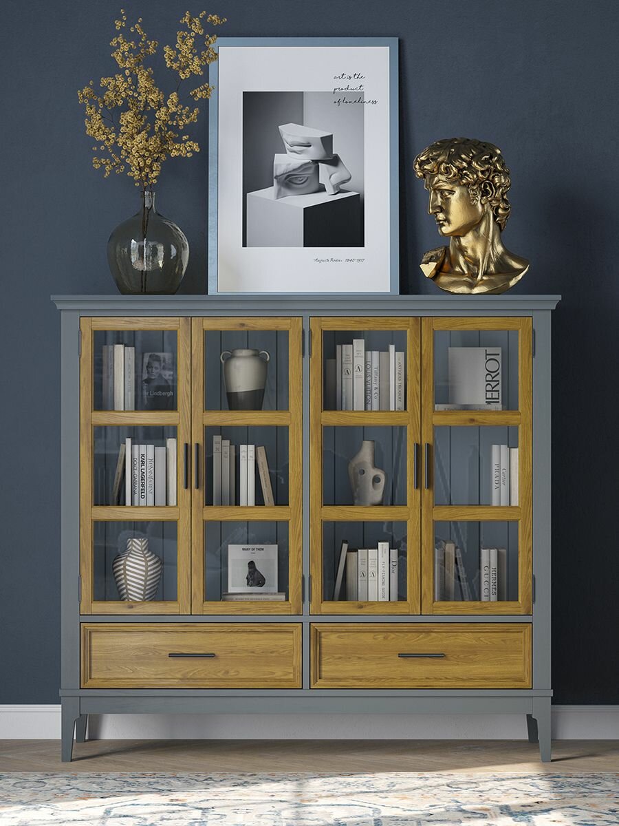 Шкаф для посуды ММЦ Гостиная Квадро-С 42 (серый 7042-антик 24) из массива сосны