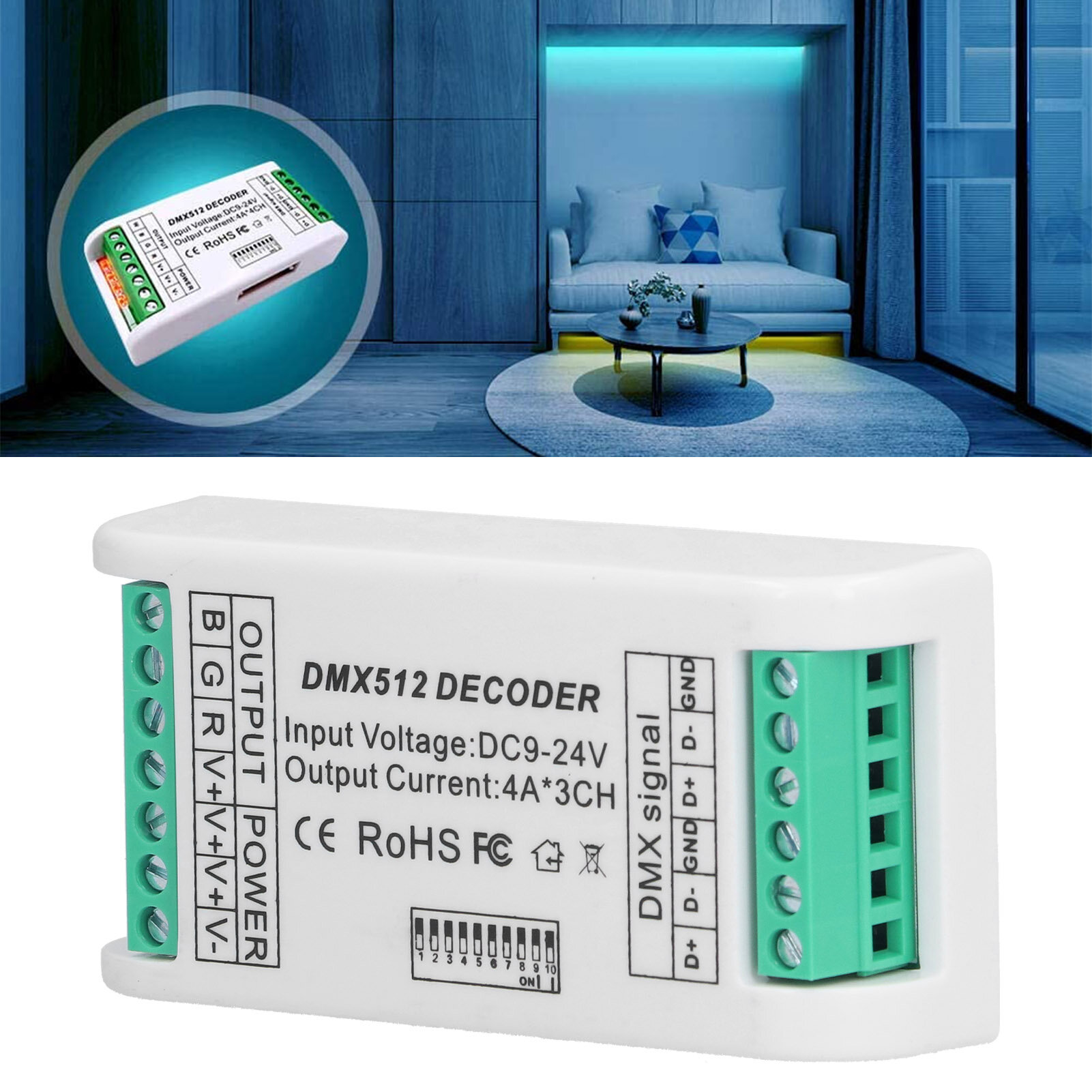 Декодер DMX512 RGB для светодиодных лент и модулей, 9–24V, ток 4A, 3 канала, управление постоянным напряжением