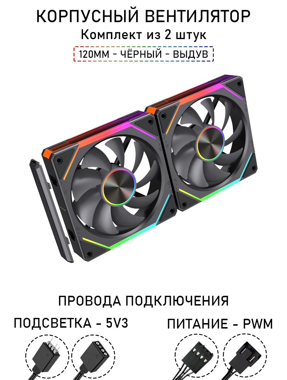 Модульный вентилятор - 5RS Inline - 120мм, A-RGB, PWM+5v3, Комплект из 2 штук, чёрный, на выдув из корпуса
