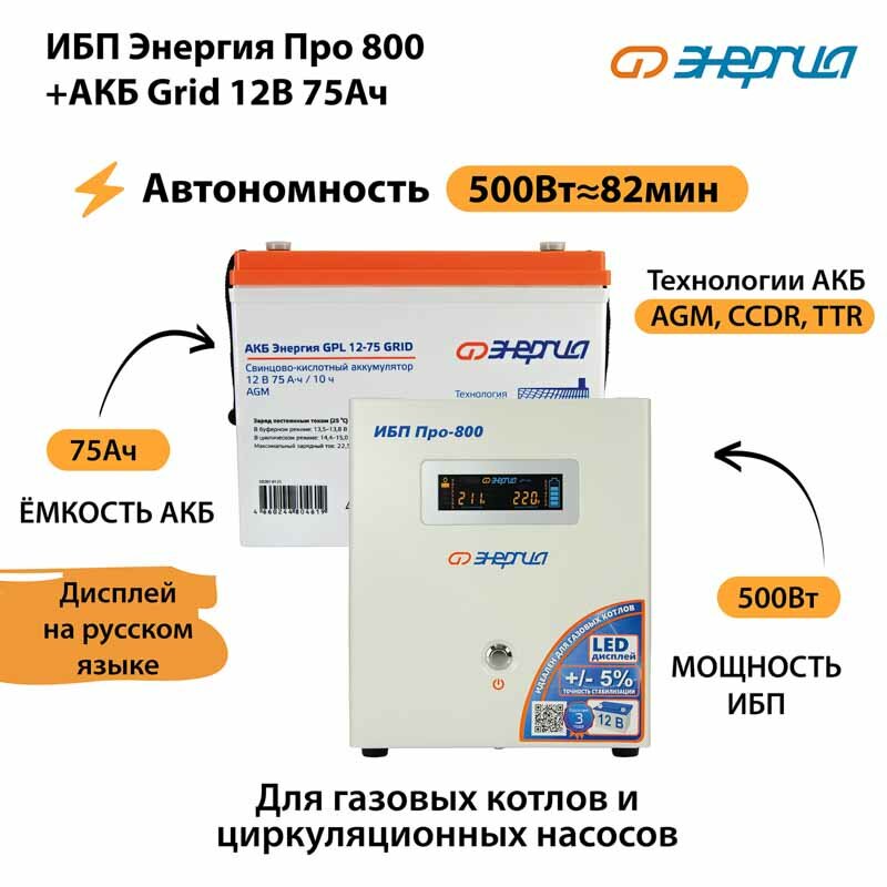 ИБП для котла Энергия Про 800 + Аккумулятор Grid 75 Ah 12 v (500Вт - 82мин)