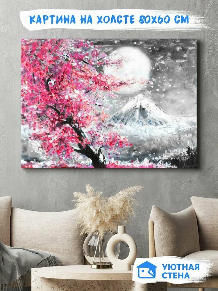 Картина на натуральном холсте Уютная стена "Пейзаж с Сакурой на фоне горы Фудзи" 80х60 см