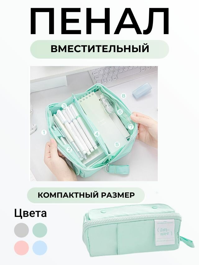 Пенал-косметичка школьный, для мальчиков и девочек, студентов, органайзер, аптечка, цвет мятный/Migno