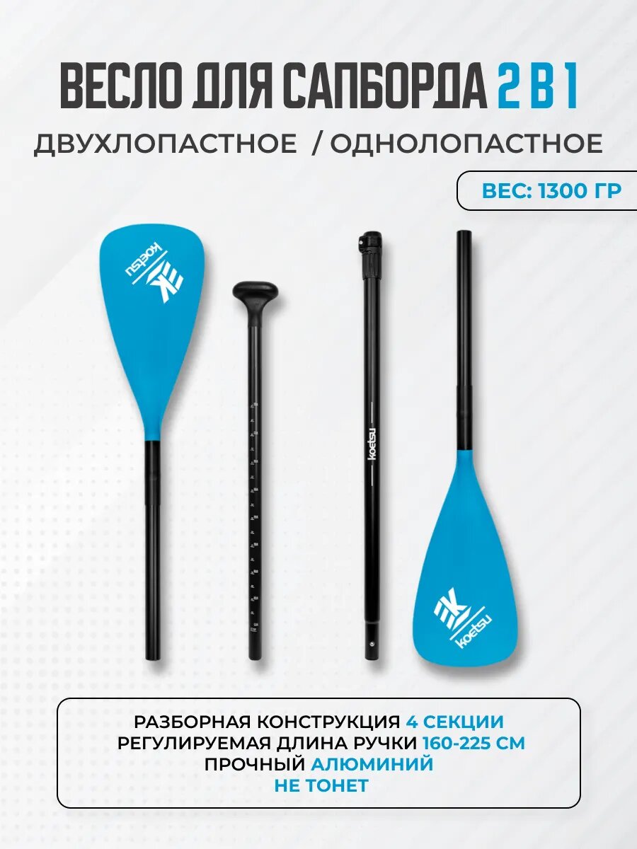 Весло Koetsu,2 в 1, для SUP-борд и каяка, алюминий, разборное, длина 160-225 см, голубое-бирюзовое