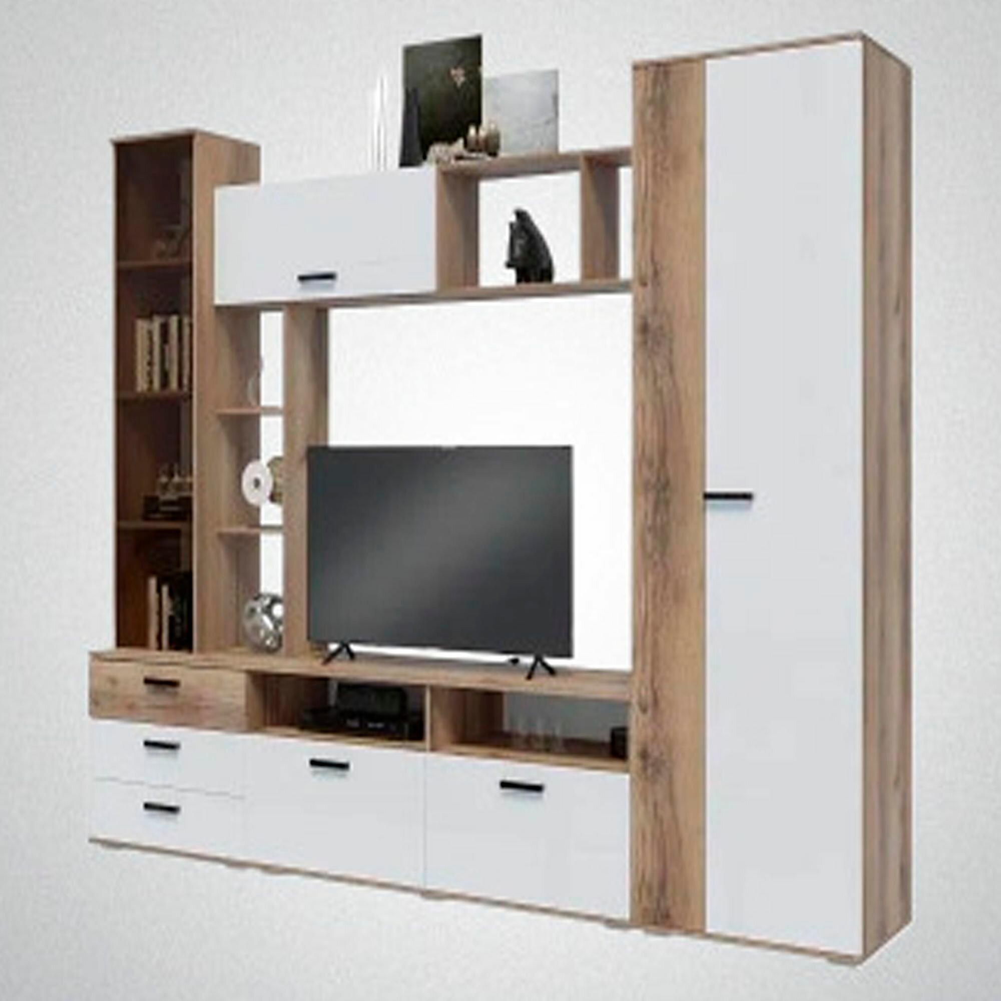 Cтенка в гостиную Крокус Дуб делано / Белый глянец, ширина 270 см, под телевизор со шкафом витриной, с стеклом