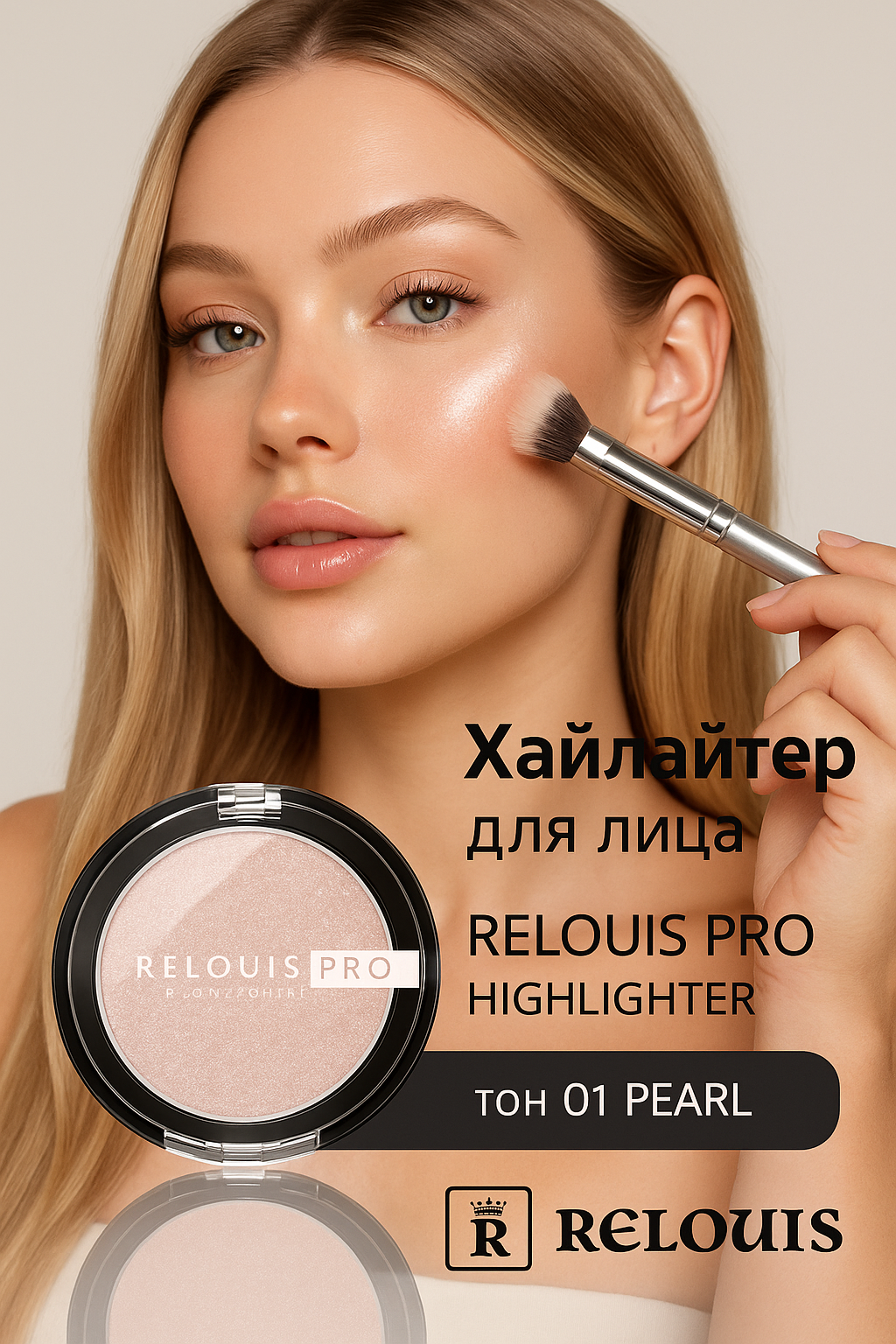 RELOUIS PRO Хайлайтер компактный тон 01 PEARL для всех типов кожи, оптимальная стойкость, космическое сияние, 4г